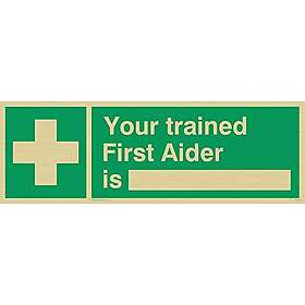 Viking Signs SX463-L31-G "Your Trained First Aider Is"-skylt, styv guld ...