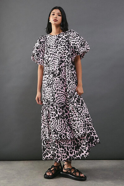 Warehouse Smock Leopard Print Volume Sleeve Scallop Detail Dress ...